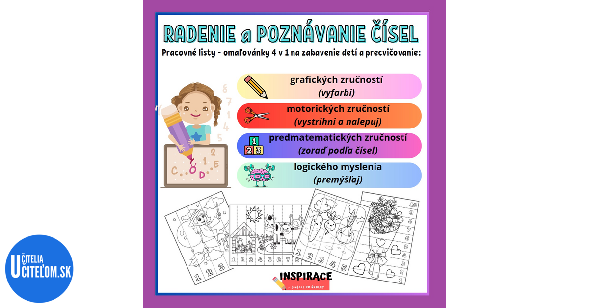 Radenie a poznávanie čísel. Pracovné listy - omaľovánky 4 v 1 ...