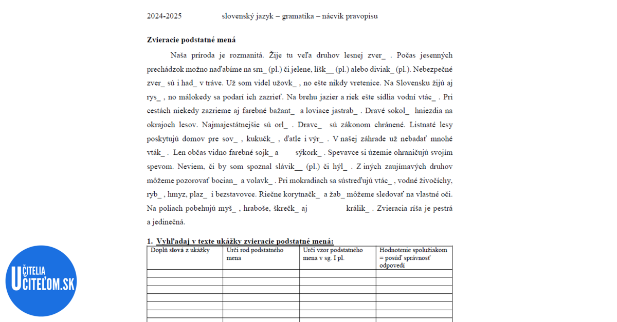 Zvieracie podstatné mená - Slovenský jazyk - gramatika ...